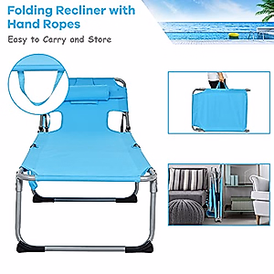 GYMAX Tanning Chair, Folding Beach Lounger with Face Arm Hole, Adjustable Backrest,Side Pocket, Removable Pillow & Carry Handle, Outside Sunbathing Lounge Chair for Patio, Poolside (1, Turquoise)