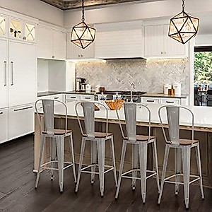 Sophia & William 30" Metal Bar Stools Set of 4 High Back Counter Height Barstools with Wooden Seat,Indoor/Outdoor Barstools,Matte Silver Gray