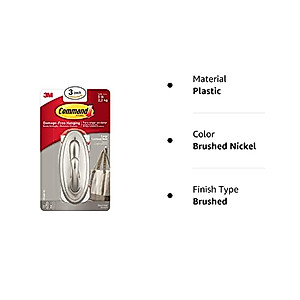 Command Traditional Large Plastic Hooks, Brushed Nickel, 3-Hook