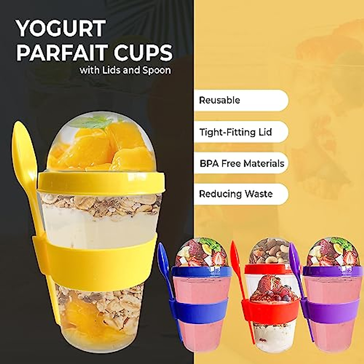 Minial Wave Pack of 4 Yogurt Parfait Cups with Lids and Spoon - Portable and Reusable - Ideal for Breakfast, Snacks, and On-the-Go crunch cup - Versatile Set of Overnight Oats Containers with Lids