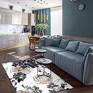 Black Metallic Rose Area Rug, Modern Minimalist Romance Indoor Non-Slip Kids Rugs, with Anti-Slip Easy Clean Carpet for Living Room Bedroom Kitchen Dining Room Home Office Floor Rug,5 x 7ft