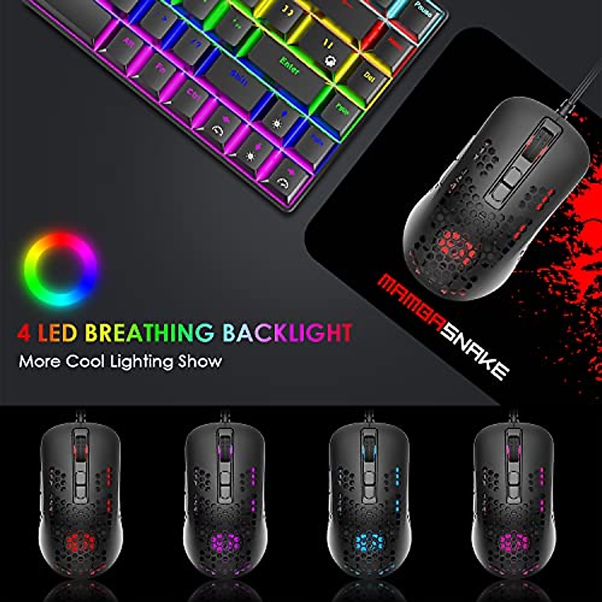 Gaming Keyboard and Mouse Combo,61 Keys Compact RGB Backlit Mechanical Feel Keyboard,RGB Backlit 2400 DPI Lightweight Gaming Mouse with Honeycomb Shell for Windows PC Gamers (4 in1/black Set)