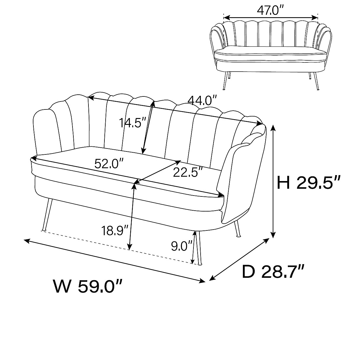 Sofa Couch 59" Elegant Curved Loveseat with Vertical Tufting - Luxurious Boucle Fabric, Gold Metal Legs, Adjustable Glides - 300 lbs Capacity per Seat,Ivory