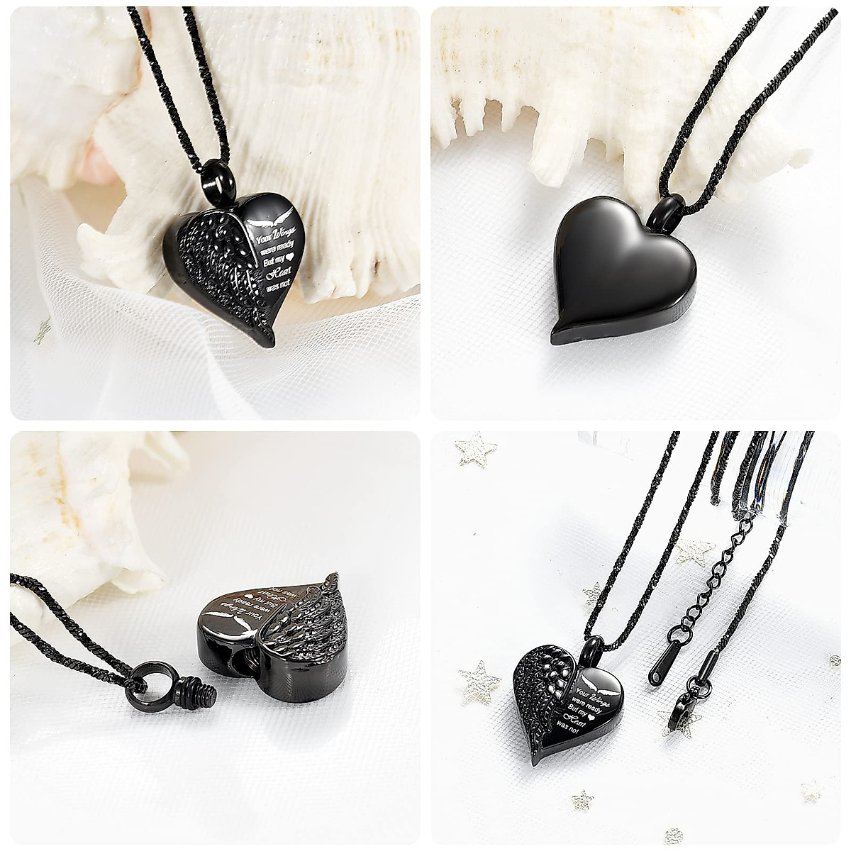 Yinplsmemory Love Heart Urn Necklace for Ashes Keepsake Memorial Cremation Jewelry Stainless Steel Angel Wing Ashes Holder Memorial Gift for Loss of Father/Mother/Pet (Black)