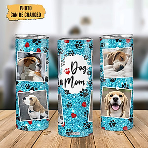 Hyturtle Personalized Picture Dog Mom Skinny Tumbler Gifts for Dog Lover Owner on Valentine's Day Birthday Mother's Day Christmas - Dog Pawprint Custom Photo 20oz Stainless Steel Skinny Tumbler