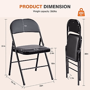 Sweetcrispy Folding Chair 2 Pack, Leather Padded Folding Chairs, Sturdy Metal Foldable Chairs, Easy to Use and Store, Outdoor and Indoor, for Home, Office, Party, Comfy, Black