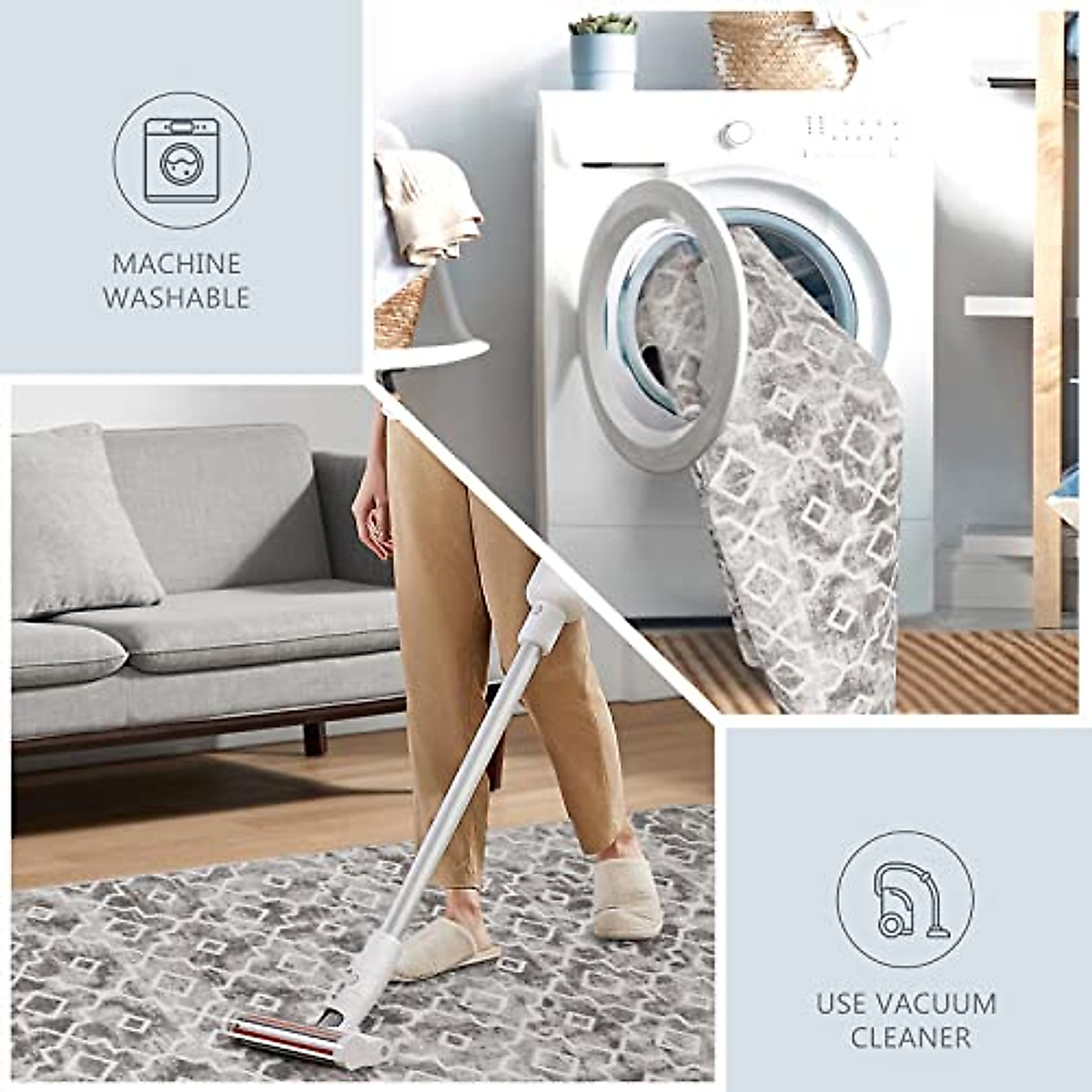 Wonnitar Moroccan Washable Area Rug - Small 2x3 Grey Distressed Entryway Rug Non-Slip Doormat Modern Geometric Trellis Throw Rug Faux Wool Floor Carpet for Bathroom Laundry Room Indoor Office