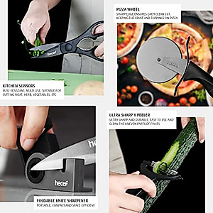 hecef 25 pcs Kitchen Knife Set with Block - 8 Cooking Knives, 8 Serrated Steak Knives, 4 Cutting Mats, Pizza Wheel, Scissors, Peeler, Knife Sharpener & Acrylic Stand (Gray Titanium)