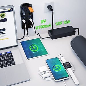 USB 3 0 Hub - 10 Ports Powered USB Hub - Charging & High-Speed Data Transfer USB Expander Hub - up to 5Gbps High-Speed USB Splitter - Aluminum Alloy Multiple USB Port Hub for Laptop Phone Tablet PC