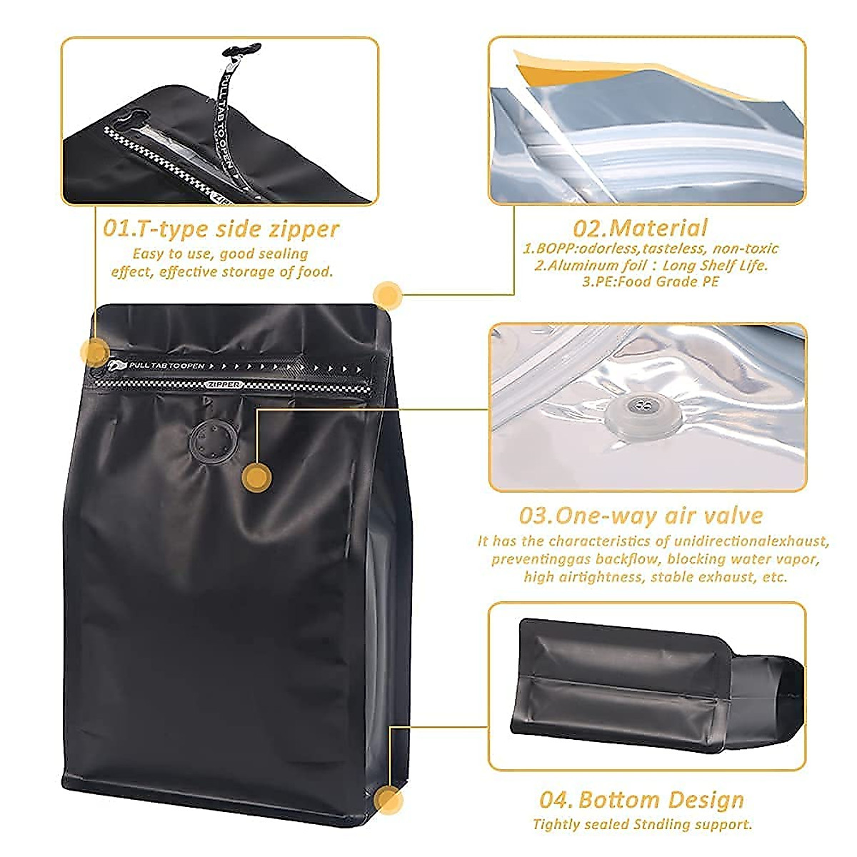 REMTAP Coffee Bags with Valve(50 pcs,16 oz/1 lb) Black High Barrier Aluminum Foil Flat Bottom Standing Empty Coffee Beans Storage Bag,Reusable Heat Sealable Side Zipper Pouches for Home or Store