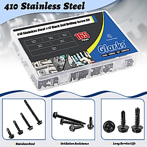 Glarks 165Pcs 410 Stainless Steel #12 Hex Washer Head Self Drilling Screws Assortment Kit 6 Size Black #12x5/8, #12x3/4, #12x1, #12x1-1/4, #12x1-1/2, #12x2 Sheet Metal Screws with Drill Point