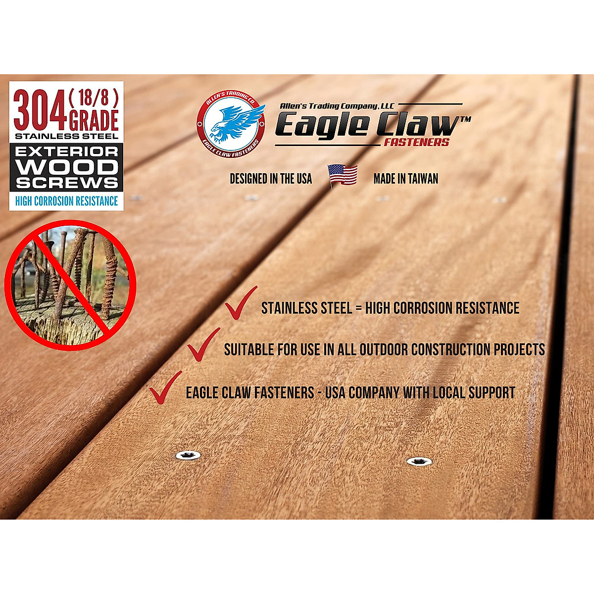 #10 x 3 Inch Stainless Steel Deck Screws 350 Pieces | T25 Star Torx Drive Flat Head | 304 Grade Stainless Steel Wood Screws High Corrosion Resistance by Allen's Trading Co. Eagle Claw Fasteners