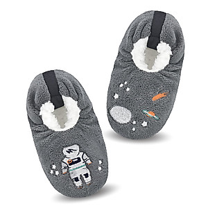 VAGUKU Boys House Slippers With Non Skid Bottoms, Cute Animal Slipper Socks With Grippers For Big Kids, Cozy Soft Sole Warm Fuzzy House Shoes(Astronaut,5-6)