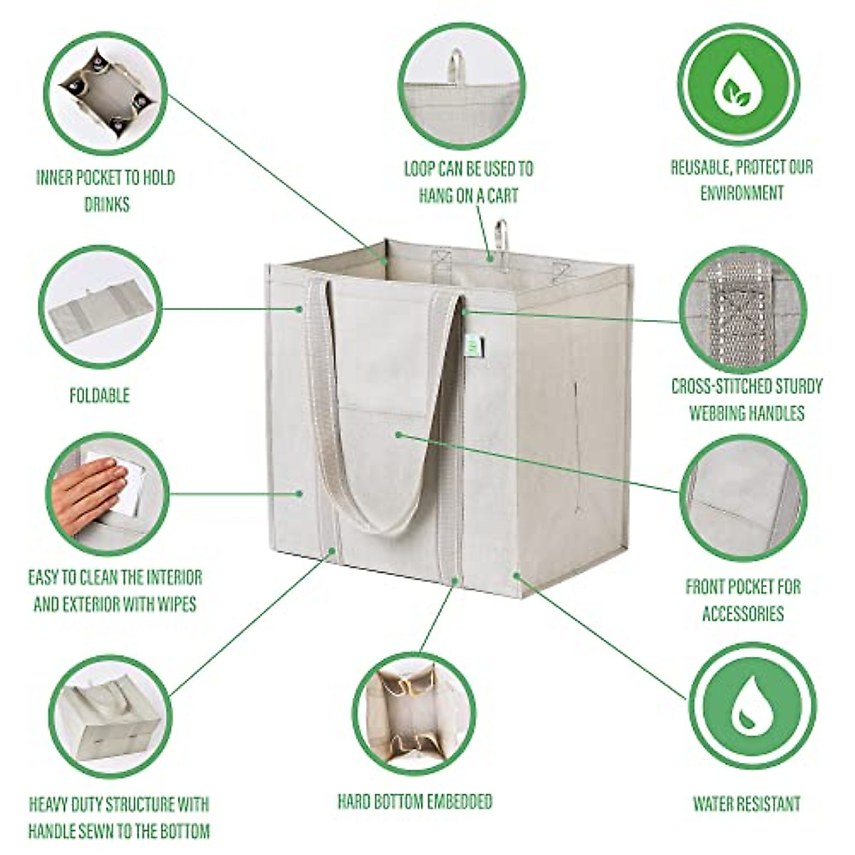 VENO 4 Pack Reusable Grocery Shopping Bag w/bottle holder, Hard bottom, Foldable, Multipurpose Heavy Duty Tote, Daily Utility bag, Stands Upright, Sustainable (Set of 4, Beige)