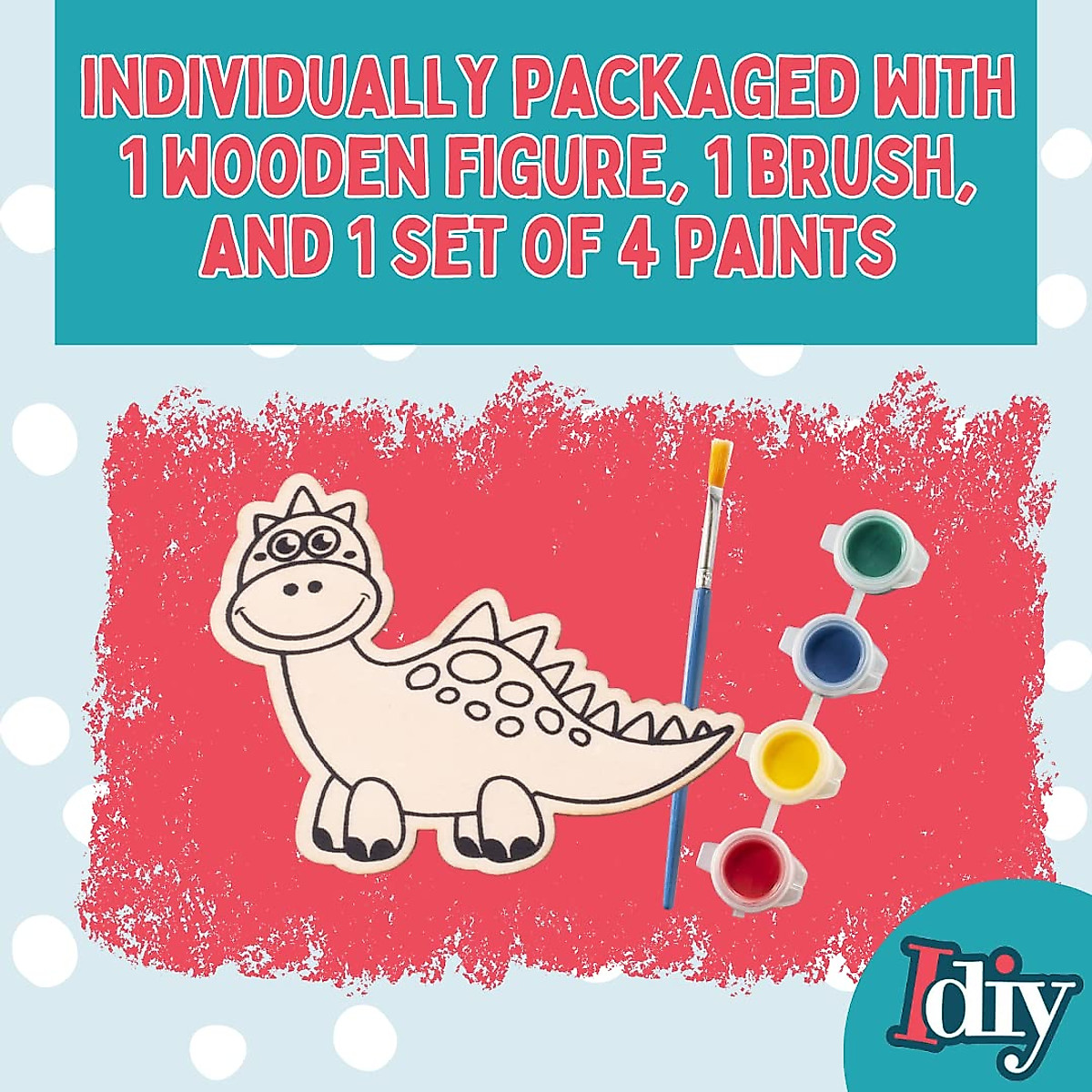 Kids Party Dino Wood Painting Craft Kits (20ct)- Dinosaur Designs- Each Kit Has its Own Brush, Paint, & Figure- Fun, Unique Valentines Party Activity, Favors or Classroom School Projects Gift