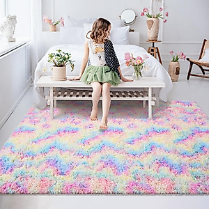Softlife Area Rug for Bedroom, 4x6 Feet Plush Fluffy Rug for Living Room, Tie-Dyed Rainbow Shag Rug for Aesthetic Room Decor, Ultra Soft Modern Fuzzy Faux Fur Carpet for Kids Nursery Room Dorm