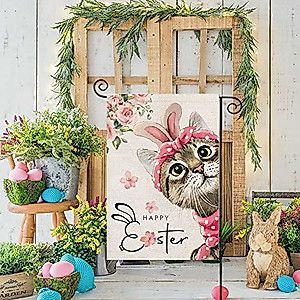 Happy Easter Cat Garden Flag for Outdoor,Cat with Bowknot Flowers Small Yard Flag,Seasonal Decors for Spring Farmhouse Holiday Outside 12x18 Double Sided