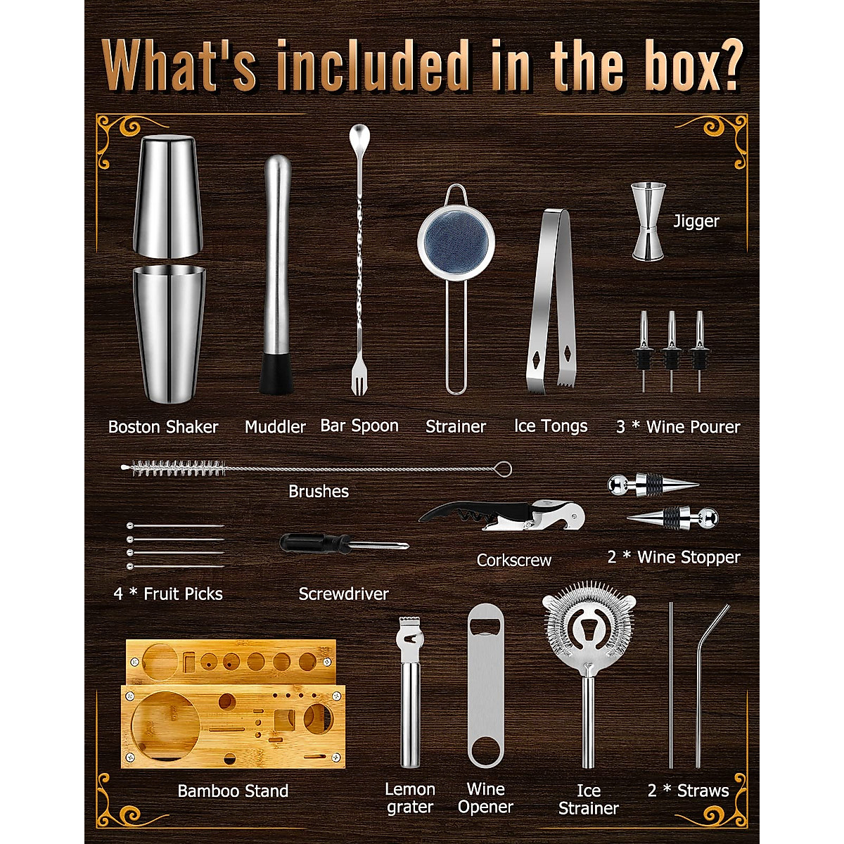 Cocktail Shakers Set Complete 24-Piece Bartender Kit Silver with Bar Tool Stand and Barware Tools Set for Home Bartending: Includes Boston Shaker, Jigger, Strainer, Mixer Spoon, Muddler, and More