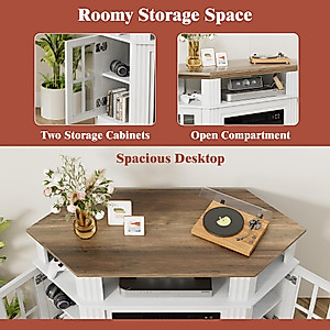 Furmax Fireplace Corner TV Stand for TV Up to 55 Inch, Modern TV Console with 18 Inch Electric Fireplace, Entertainment Center with Open Shelf and Storage Cabinets for Living Room, Antique White