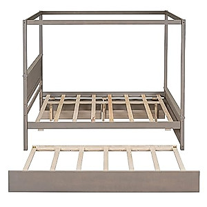 WADRI Modern Full Size Canopy Platform Bed with 2 Drawers and Trundle Bed, Wood Canopy Platform Bed with Support Slat, 4-Post Canopy Platform Bed Frame for Kids Teens Adult, No Box Spring Needed