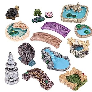 Miniature Fairy Garden Accessories Outdoor - 15 Pieces DIY Crafts Kit for Dollhouse Plants Bonsai Decoration, Pond Bridge Water Well Figurines Mini Lawn Garden Ornament for Micro Landscape Yard