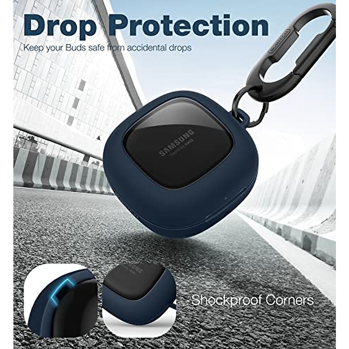 SURITCH for Samsung Galaxy Buds 2 Pro Case(2022)/Galaxy Buds 2 Case(2021)/Galaxy Buds Live Case(2020)/Galaxy Buds Pro Case(2021) Hard PC Shockproof TPU Cover with Gun-Colored Keychain Carabiner, Blue