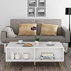 Scurrty 39.4'' Coffee Table with Large Drawers & 2 Open Storage Shelves, White Modern Coffee Tables with Gold Metal Handles for Living Room, Bedroom and Study (White)