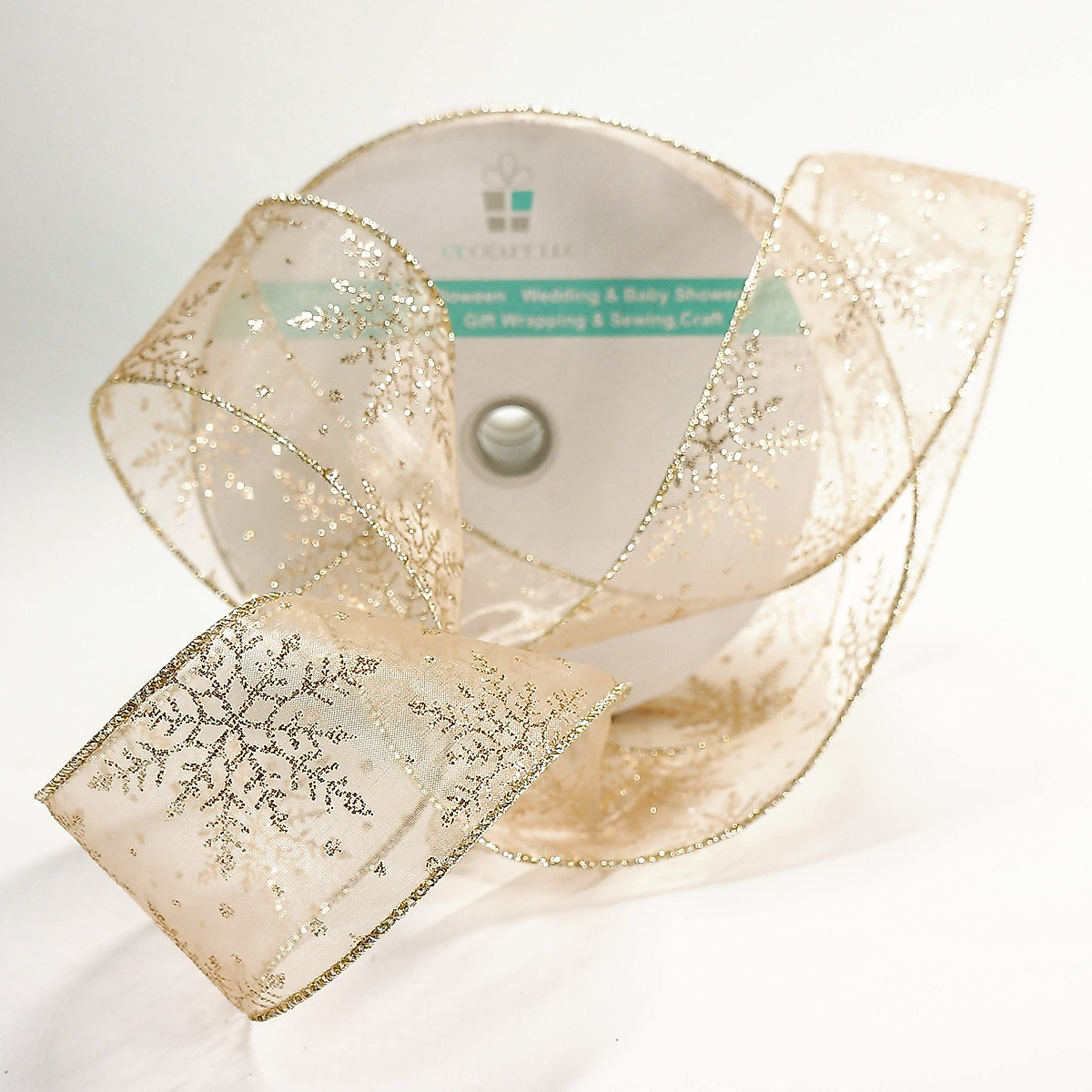CT CRAFT LLC Organza with Champagne Gold Glitter Snowflakes Wired Ribbon 2.5 inch x 50 Yards for Christmas Home Decor Tree Topper Bow Gift Wrapping DIY Crafts Wreath Garland Wedding