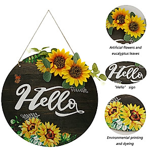 Autonomier Hello Welcome Wood Wall Hanging Sign, Colourful Sunflower Wooden Front Door Decor, Round Antique Wood Rustic Porch Decoration for Home Office Garden Farmhouse, 12 x 12 Inch（Brown）