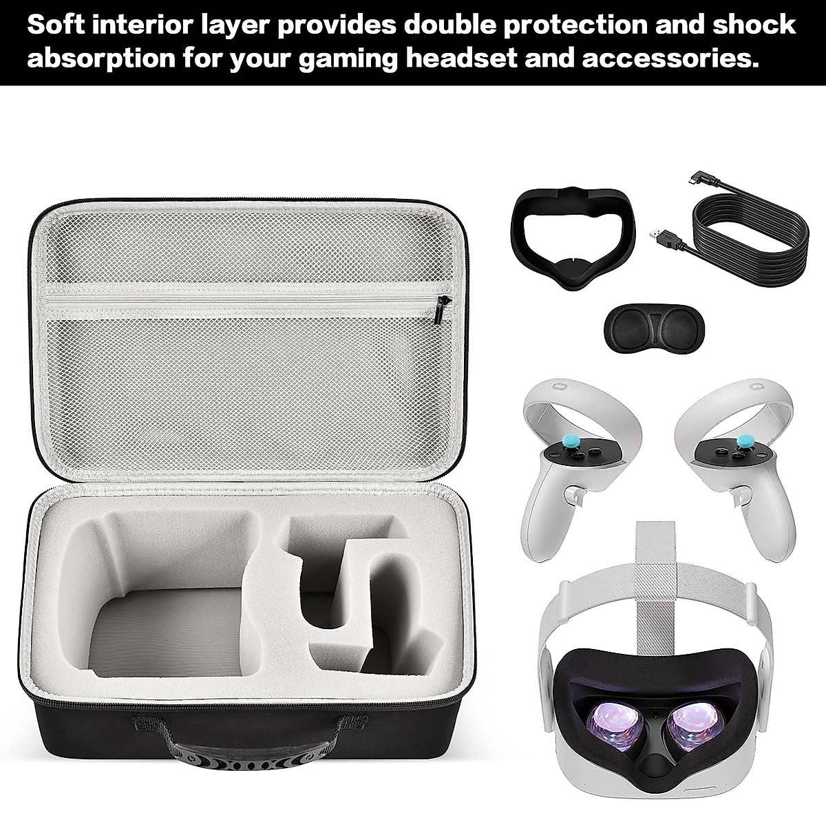 Hard Carrying Case for Meta/for Oculus Quest 2/ Quest 3 All-in-One VR Gaming Headset and Touch Controllers, Travel Storage Bag with Silicone Face Cover & Lens Protector & Accessories