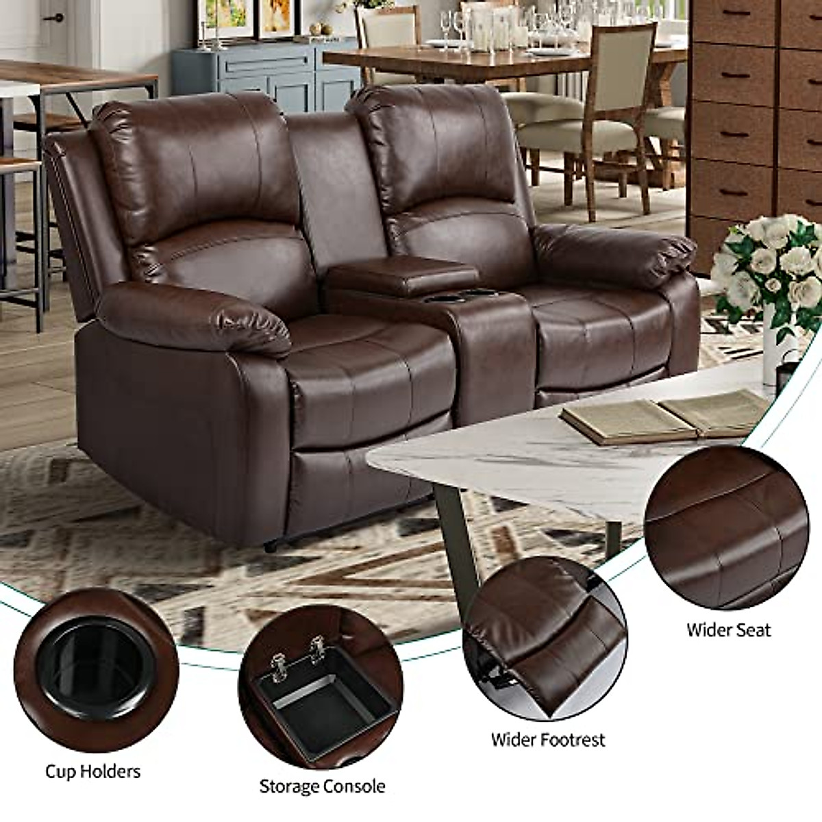 YITAHOME Loveseat Recliner, Manual Double Sofa Loveseat, Home Theater Seating with Storage Console, Double Recliner RV Sofa with Cup Holders and Side Pocket for Living Room