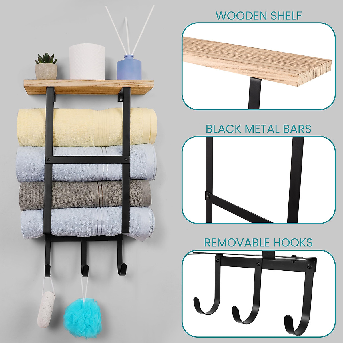 Belle Vous Wall-Mounted Towel Rack with Shelf and 3 Hooks - W13.5 x H21 Inches - Wooden Storage Shelf with Black Metal Bars for Towels - Folded/Rolled Towel Organizer Holder for Bathroom