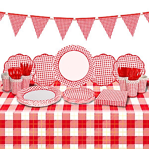 Gatherfun Gingham Red and White Party Supplies Disposable Paper Plates Napkins Cups Knives Spoons Forks Tablecloth Banner for Birthday Party Family Dinner Picnic Barbecue Mother's Day Party, Serve 25