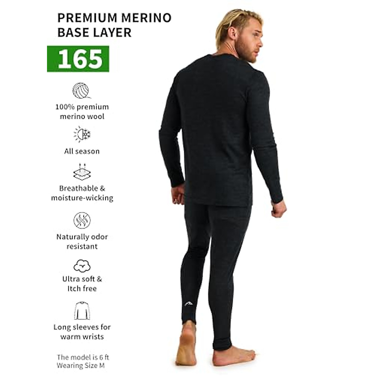 Merino.tech Merino Wool Base Layer Mens Set - Lite Merino Wool Thermal Underwear For Men Top, Bottom (Small, 165 LITE Charcoal Grey)