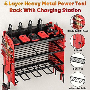 POKIPO Power Tool Organizer Wall Mount with Charging Station,Tool Storage Rack with 8 Outlet Power Strip,Heavy Duty Metal Battery Utility Rack with 4 Cordless Drill Holder 6.56 Ft Cord for Garage
