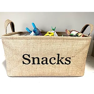 Snack Storage Bin for Pantry - Burlap storage basket for organizing your chips, popcorn, candy, pretzels and more. Kitchen container for treats. Great for movie night or for kids to grab and go.