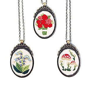 Akacraft Retro Necklace Embroidery Starter Kit, Handmade DIY Cloth with Stamped Floral Patterns, 5 Inch Cross Stitch Hoop, Crewel Needle Point Floss, Vintage Golden Beads B