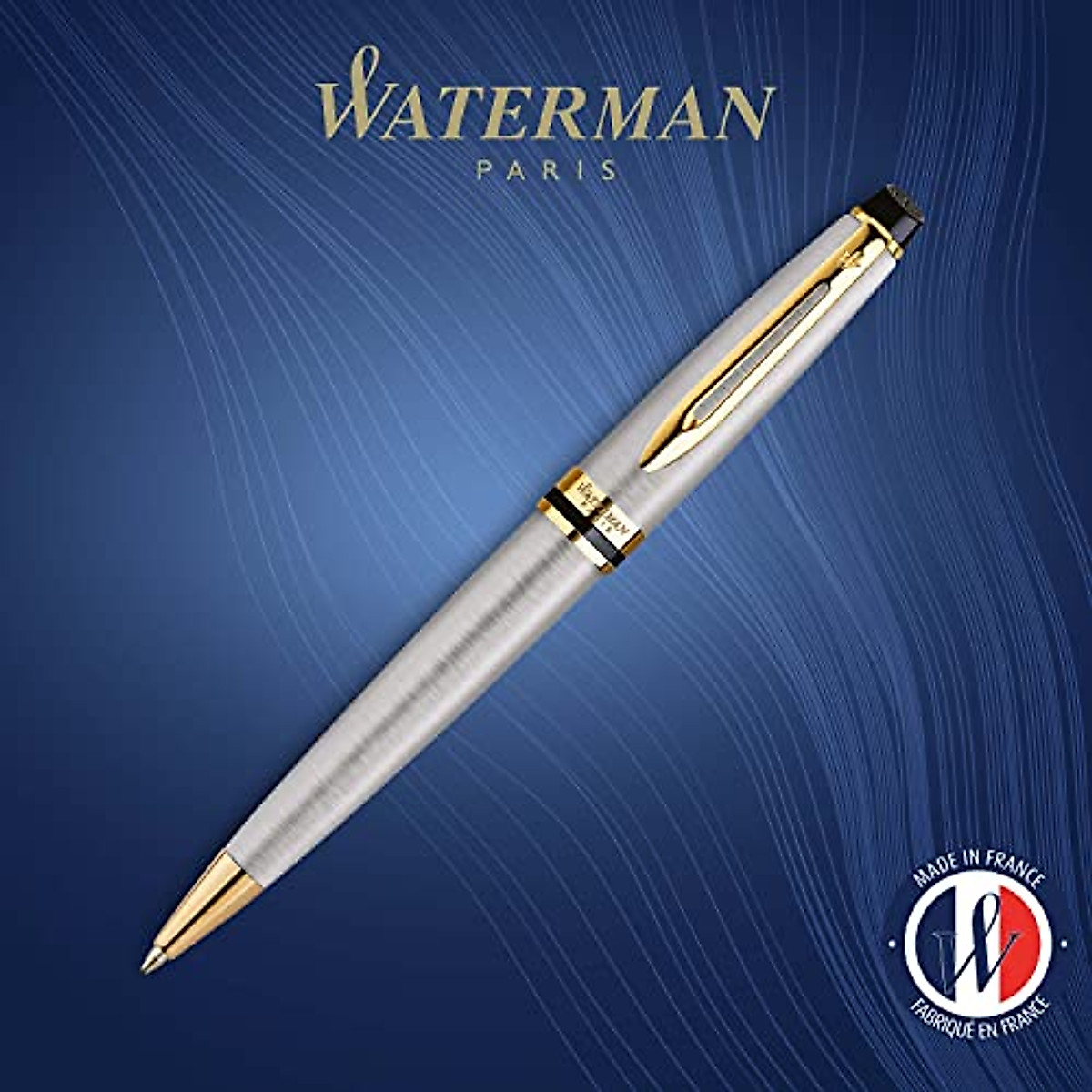 Waterman Expert Ballpoint Pen, Stainless Steel with 23k Gold Trim, Medium Point with Blue Ink Cartridge, Gift Box