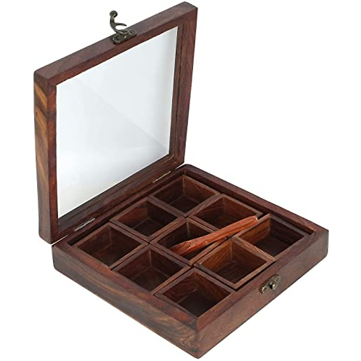 Ajuny Wooden 9 Containers Masala Dabba Spice Box with Glass Lid on Top and Spoon, 5.5x20.5 Cm