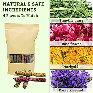 Fhiny 68 PCS Rabbit Chew Sticks, Natural Petals Timothy Hay Sticks Guinea Pig Chewing Toys for Teeth Small Animals Molar Snacks for Bunny Guinea Pig Chinchilla Hamster