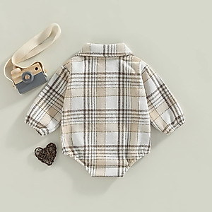CIYCUIT Baby Boy Girl Flannel Plaid Shirt Long Sleeve Button Romper Bodysuit Fall Clothes Beige 3-6 Months