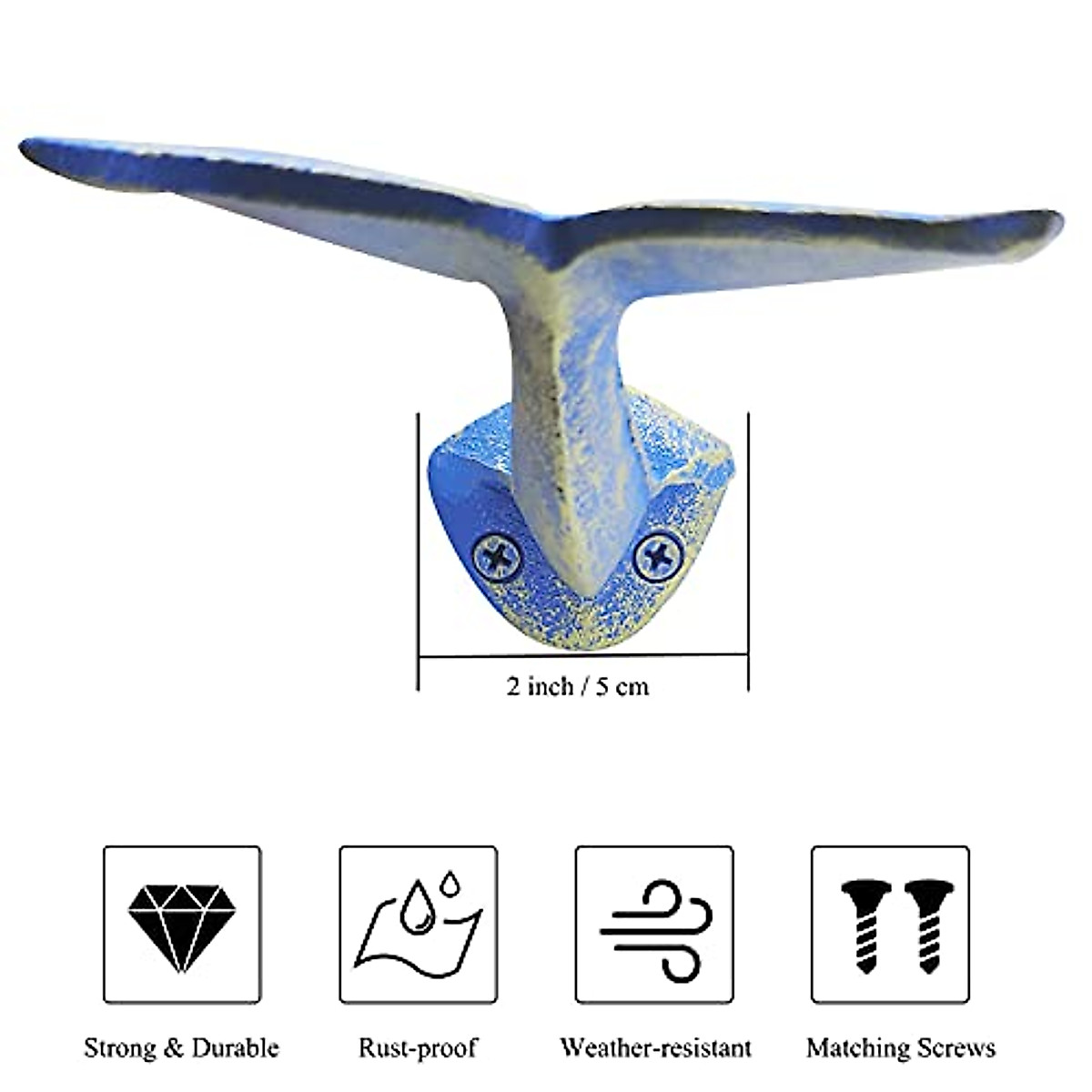 Set of 2 Cast Iron Wall Hook-Unique Whale Tail Shape (Gold & Blue Finish)