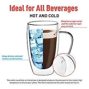 COMOOO 16oz 2 Pack Double Walled Glass Coffee Mugs, Clear Glass Coffee Cups Insulated Glass Mugs with Handle for Coffee, Tea, Latte, Espresso, Cappuccinos