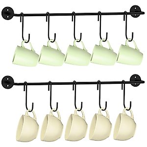 HOMEBROS Coffee Mug Rack, Black Metal Coffee Cup Holder Wall Mounted Hanging Coffee Mug Holder with 10 Mug Hooks Space Saving Kitchen Coffee Bar Mug Hanger Tea Cup Holder for Storage & Display - 2 Pcs