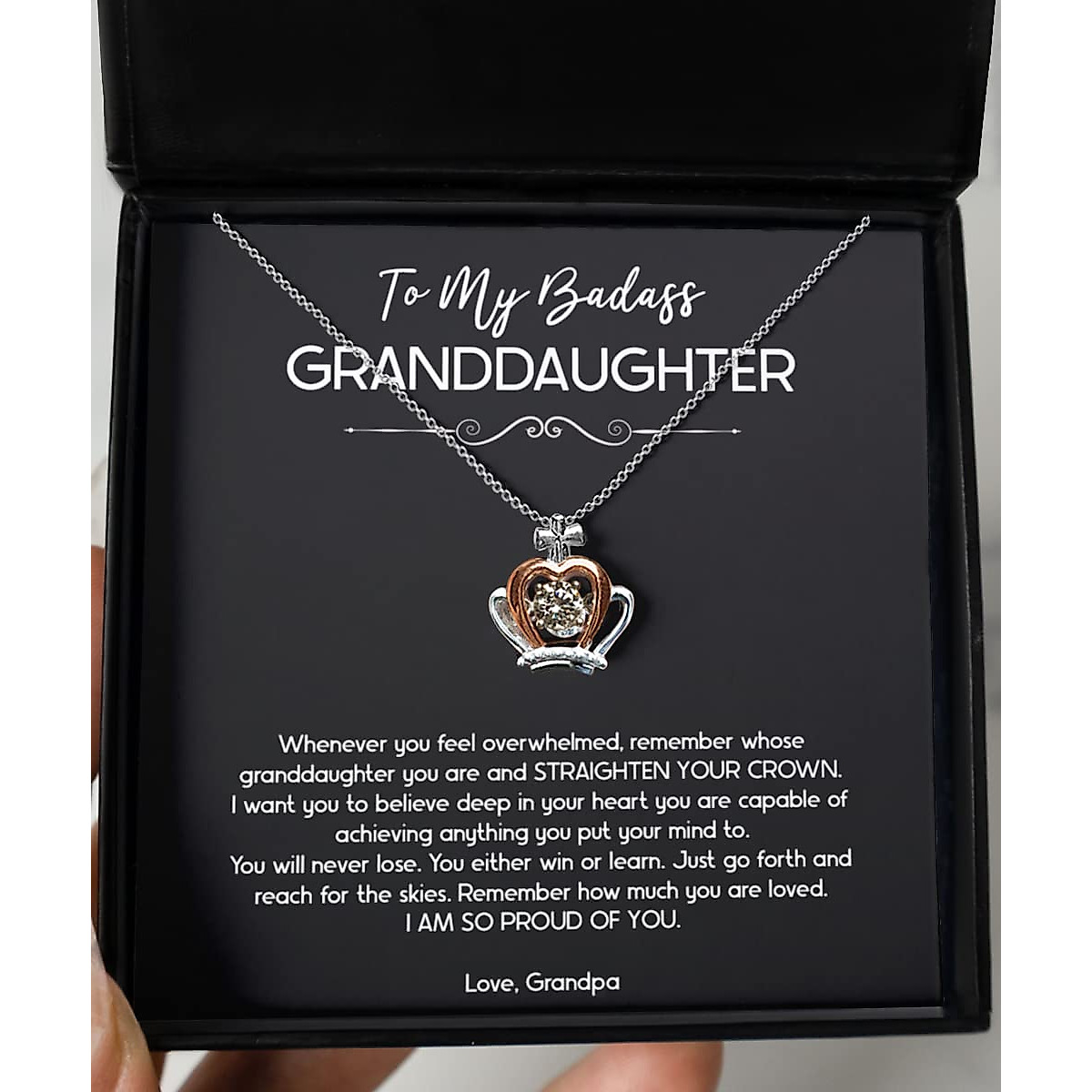to My Badass Granddaughter Gifts, I Am So Proud of You, Crown Pendant Necklace for Women, Birthday Jewelry Gifts from Grandpa