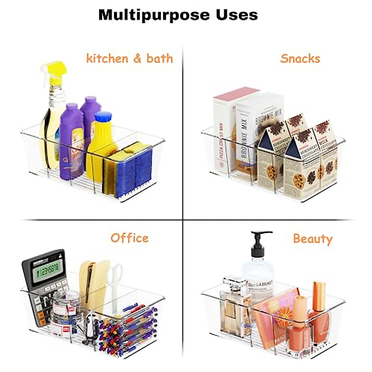 CocinaZ KATTOL Clear Storage Bins – Stackable Storage Bins with Removable Dividers –Clear Organizing Bins for Food Storage, Fridge, Kitchen, Pantry –4-Compartment Clear Plastic Storage Bin (4 Pack)