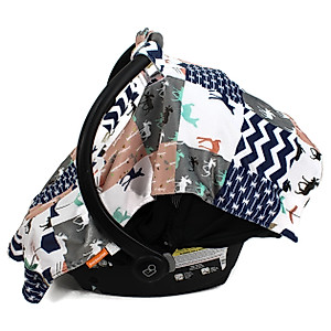 Dear Baby Gear Deluxe Reversible Car Seat Canopy, Custom Minky Print, Woodland Deer Quilt Feathers Pink Mint