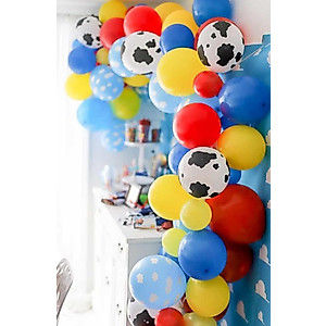 Toy Inspired Story Balloons, 12 Inch Red Blue Yellow Balloons With Cow Print Sky Blue Cloud Balloons For Kids Boys Girls Inspired Story Party Themed Party Decor Decorations