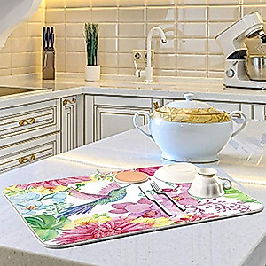 Bird Hummingbird Flowers Orchids Butterfly Dish Drying Mat 24"x18" Absorbent Machine Washable Hanging Fast Dry Pad Dish Protective Mat for Kitchen Countertop Heat Resistant Dinner Table Mat