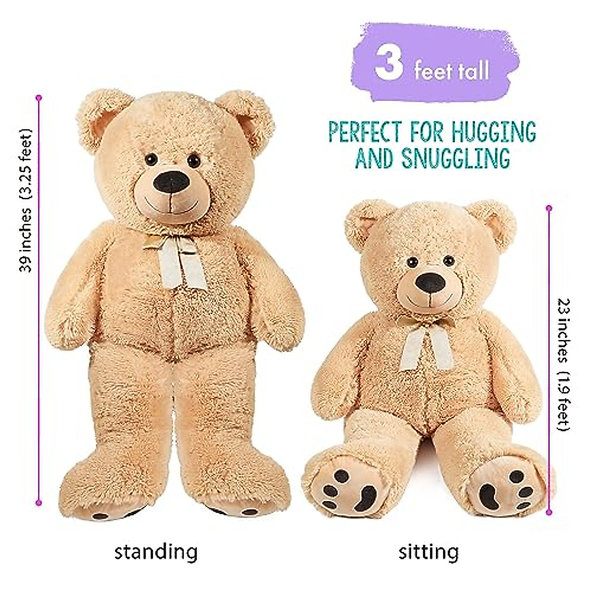 LotFancy Big Teddy Bear, 3 Feet Giant Teddy Bear Stuffed Animal, Large Bear Plush Toy with Big Footprints, 39 inch, Gift for Girls, Girlfriend, Wife on Birthday Valentine's Day